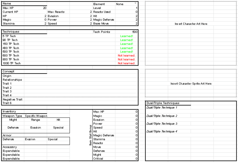 Character Spreadsheet – Chrono Tactics